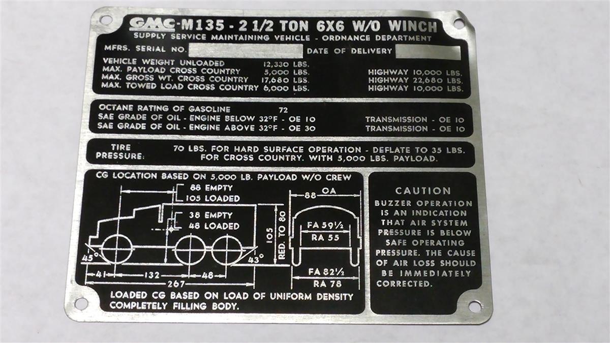 M135 2 1/2 Ton Data Plate