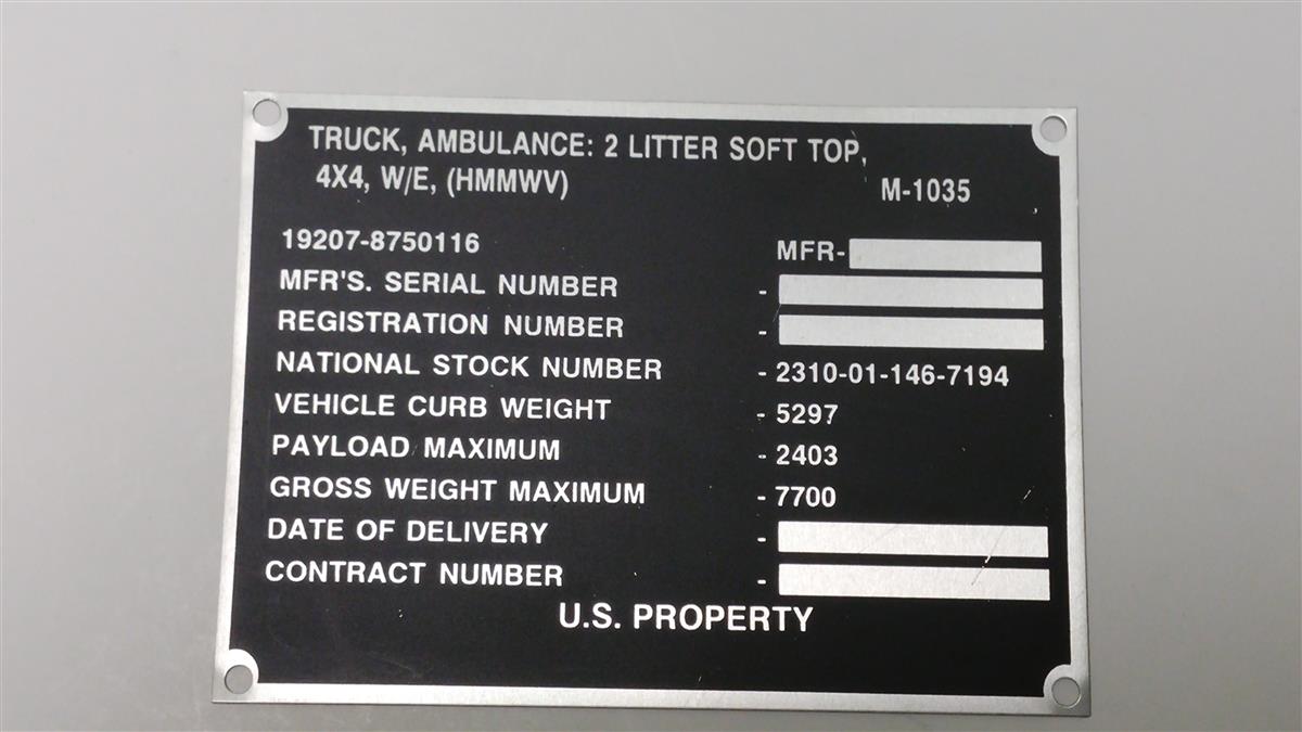 M1035 Ambulance Truck Data Plate