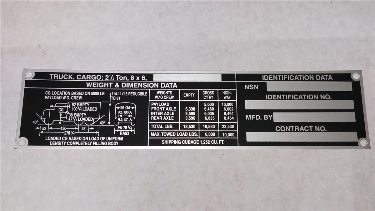 2 1/2 Ton Cargo Truck Weight and Dimension Data Plate