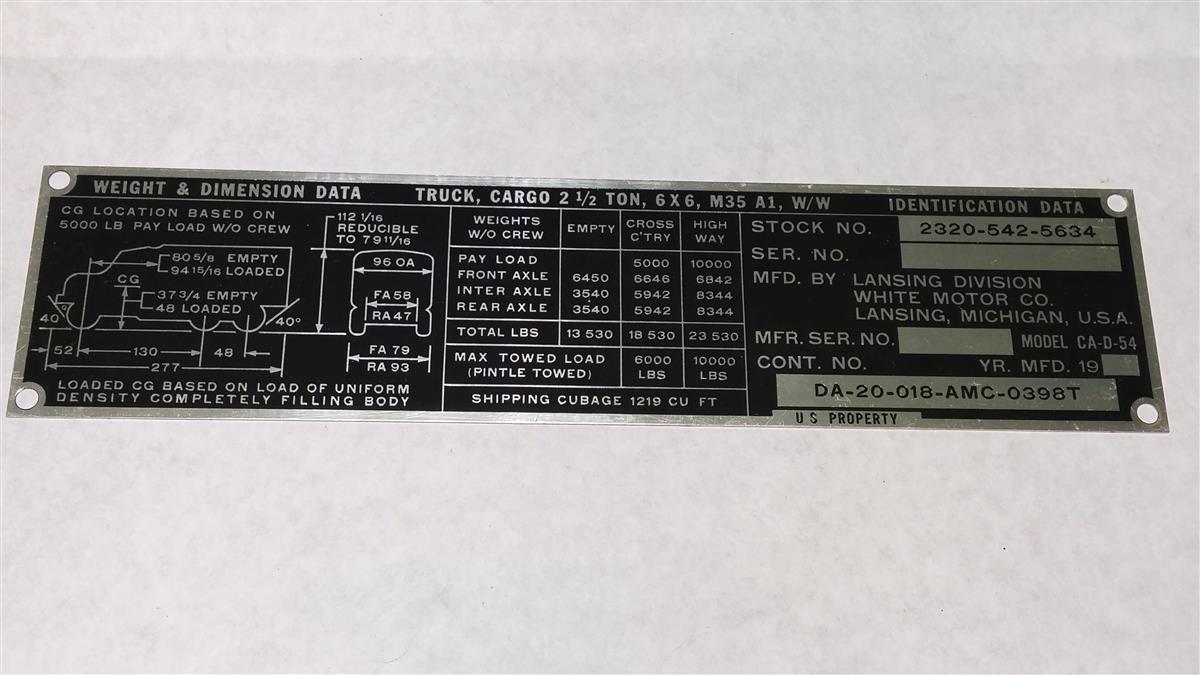 M35 Truck Cargo Weight and Dimension Data Plate
